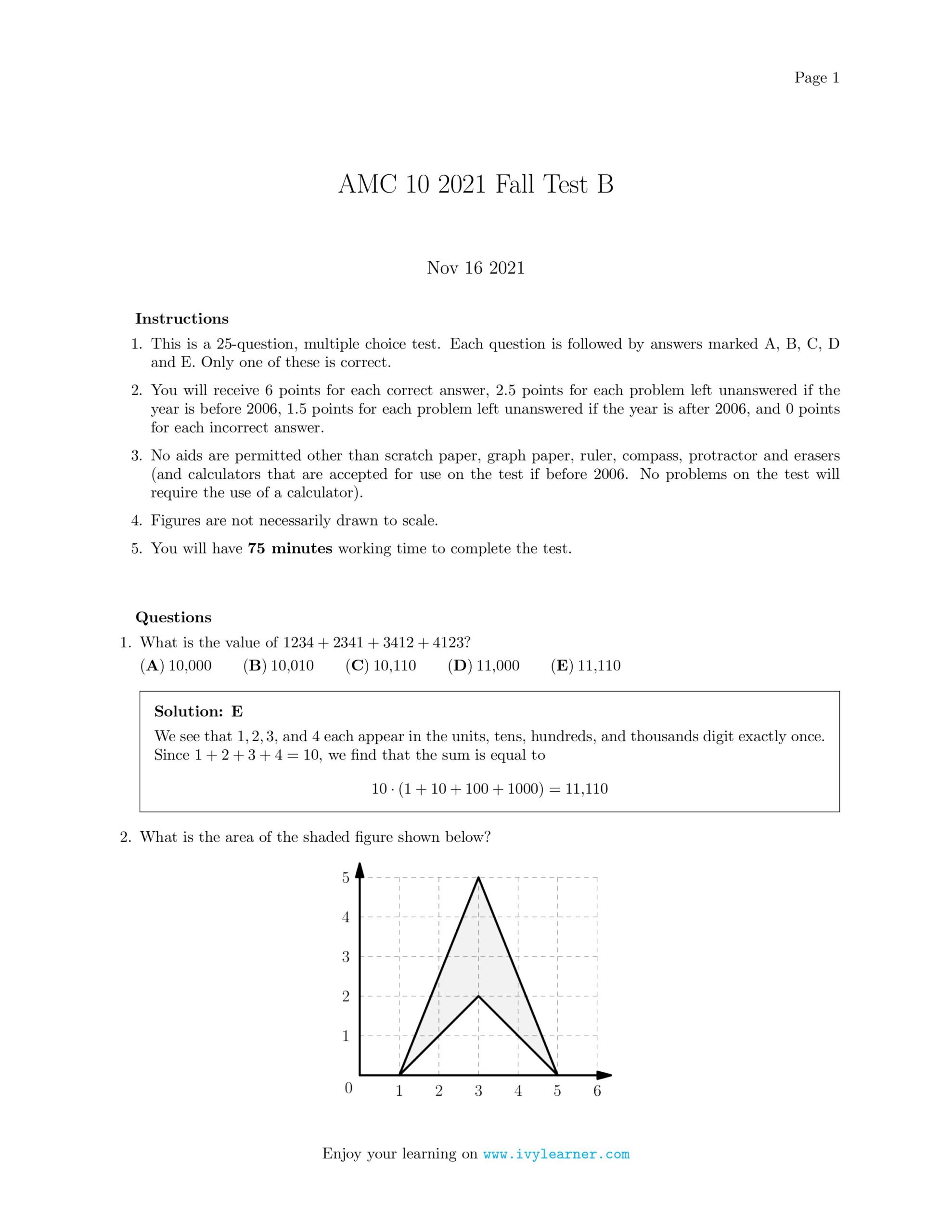 AMC 10 2021 Fall Test B Exam And Solution Ivy Learner AMC 10 2021 Fall Test B Exam And Solution Ivy Learner