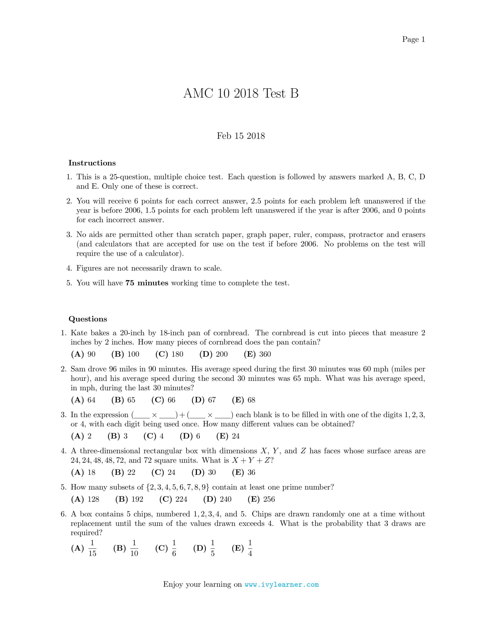 AMC 10 2018 Test B Exam Ivy Learner AMC 10 2018 Test B Exam Ivy Learner